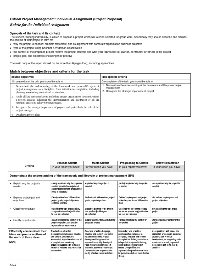Rubric For Individual Assignment | PDF | Goal | Project Management