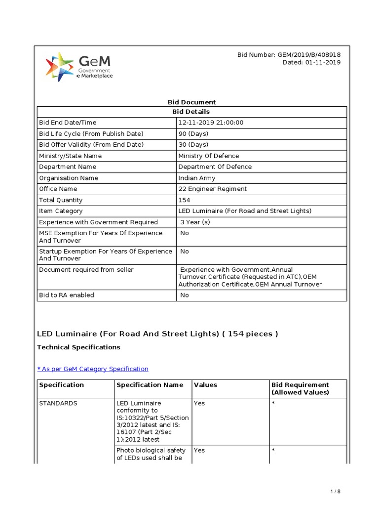Bid Document Bid Details: LED Luminaire (For Road and Street Lights ...