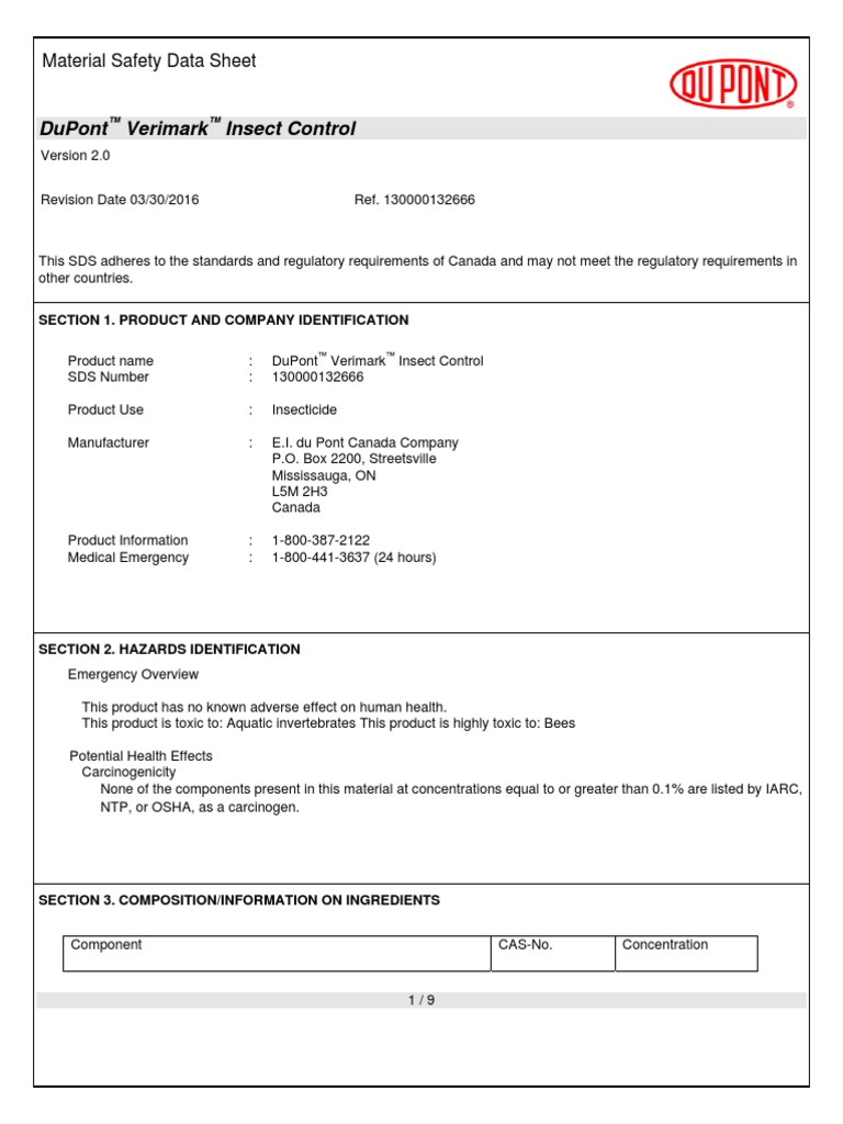 Dupont Verimark Insect Control: Material Safety Data Sheet | PDF ...