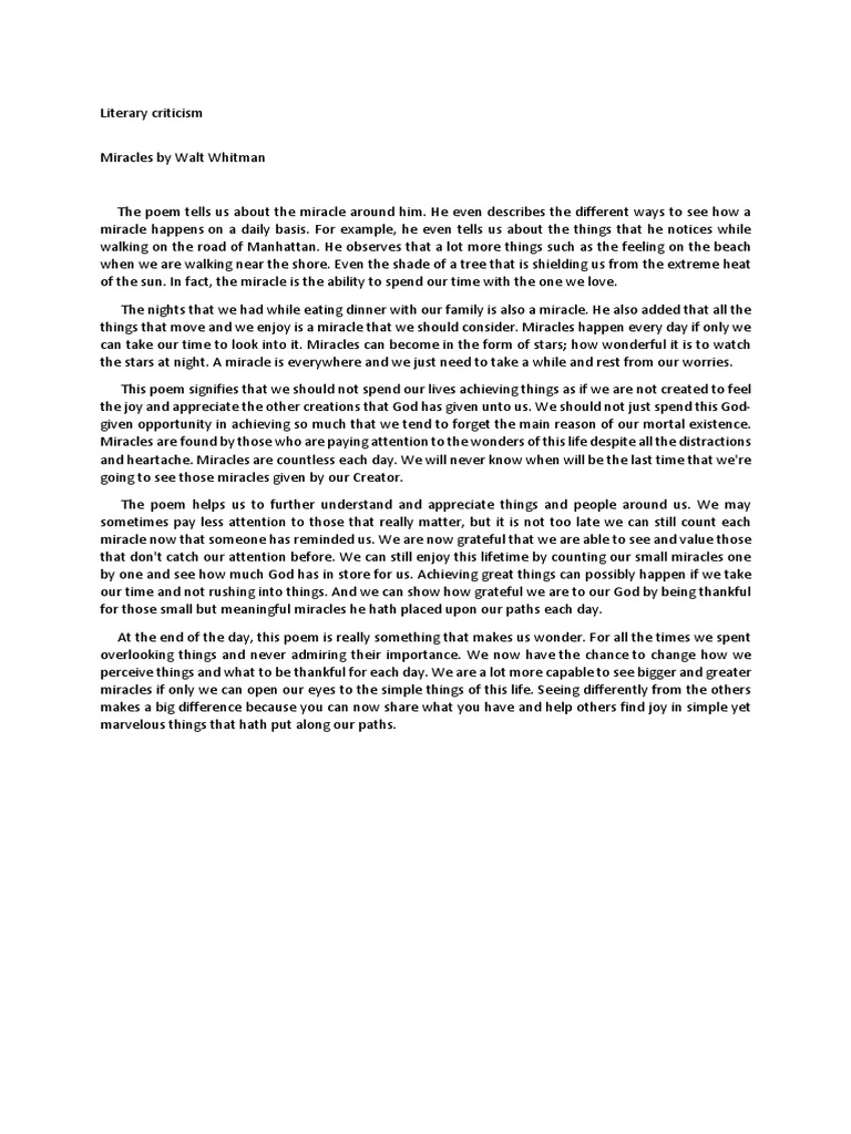 Miracles Written by Walt Whitman | PDF | Miracle | God