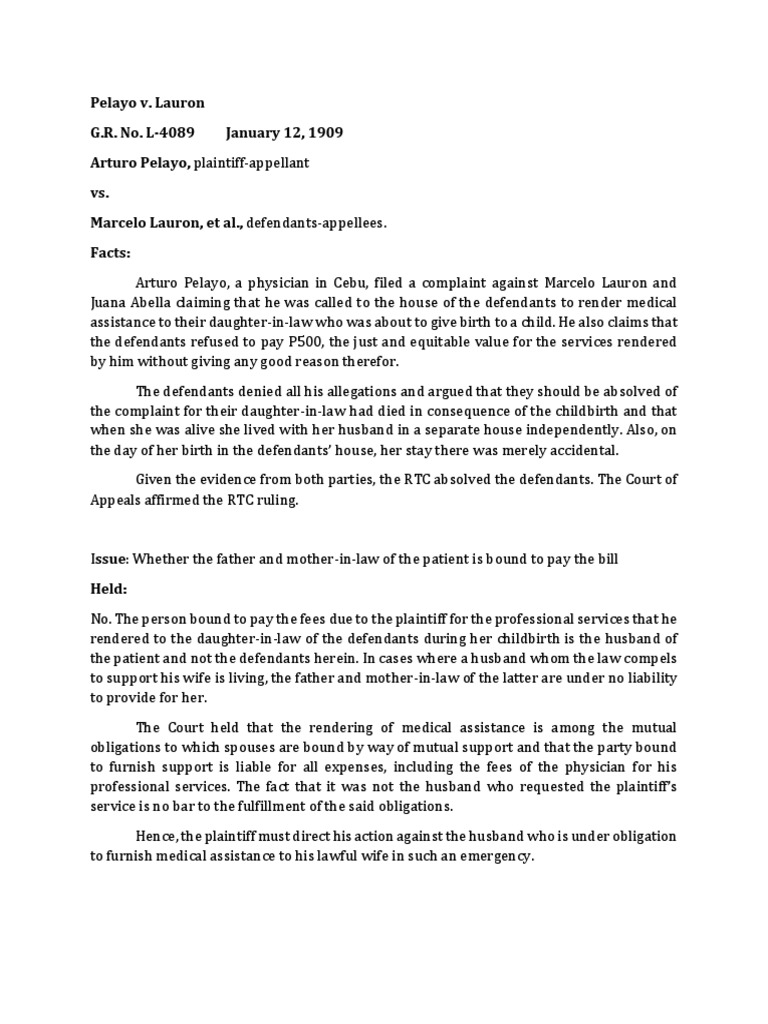 Pelayo v. Lauron G.R. No. L-4089 January 12, 1909 Arturo Pelayo ...