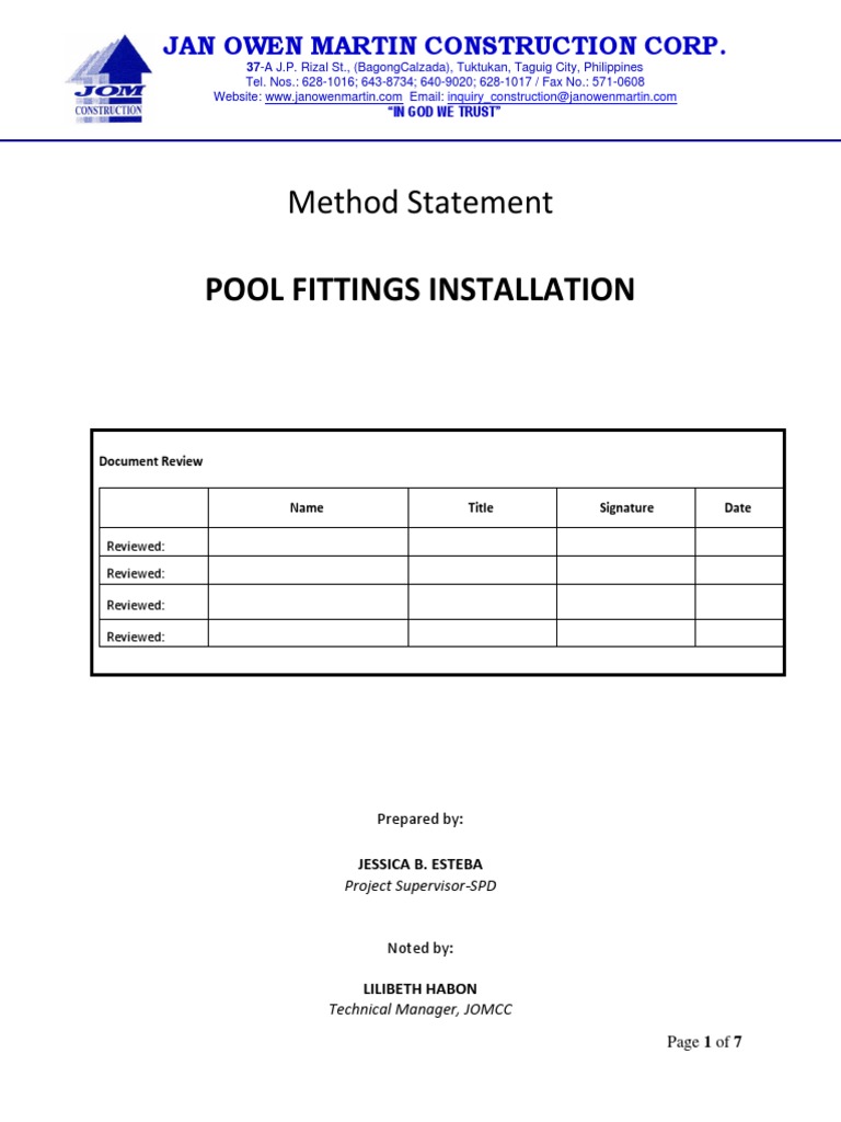 Pool Fittings Installation Method Statement | PDF | Employment ...
