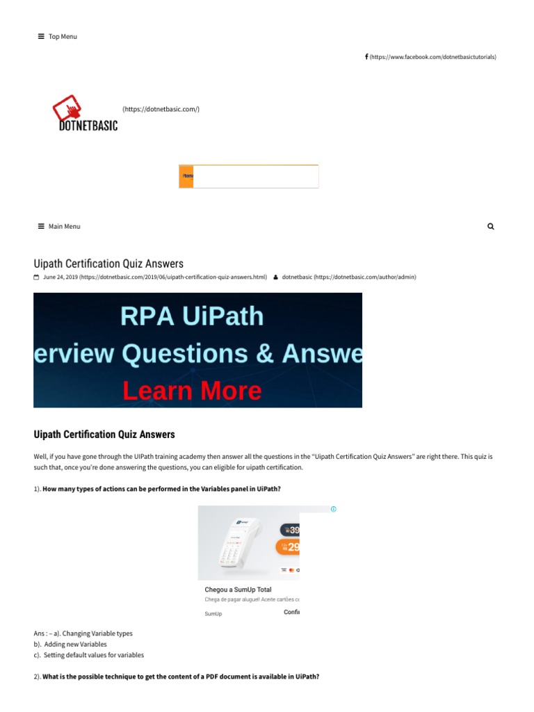 Uipath Certification Quiz Answers - Learn RPA Online Free | PDF | Computing | Software