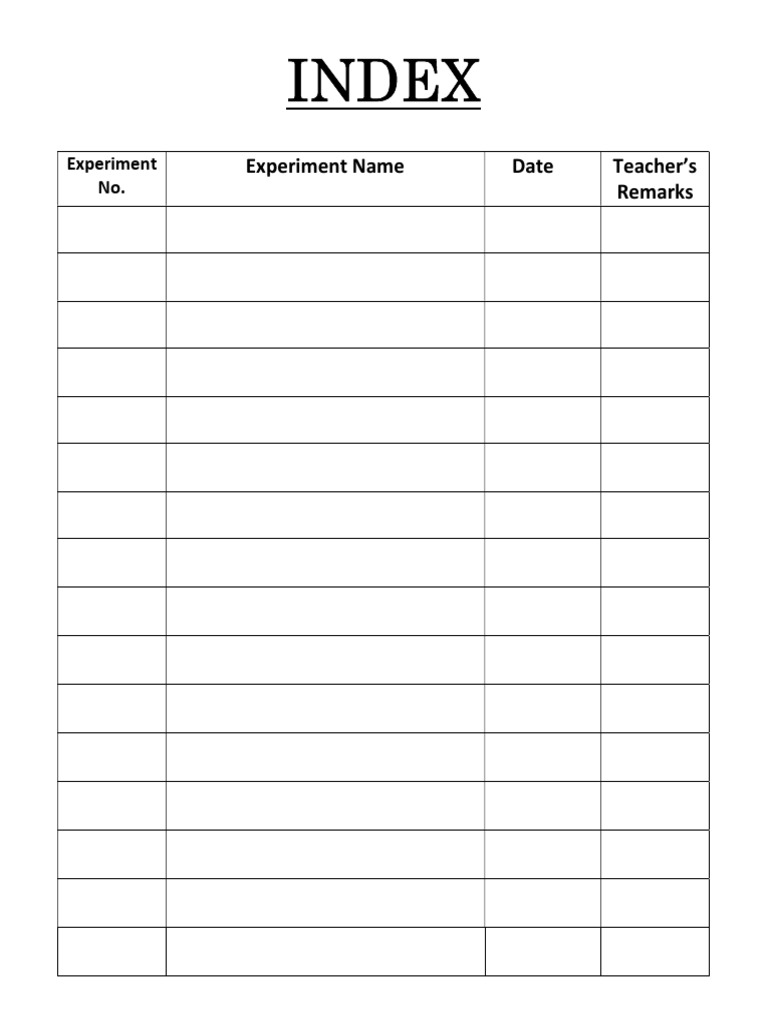 Index: Experiment Name Date Teacher's Remarks | PDF
