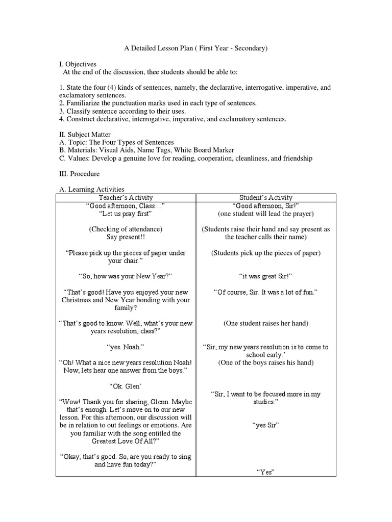 Grade 7 Lesson Plan: Types of Sentences | PDF | Question | Sentence ...