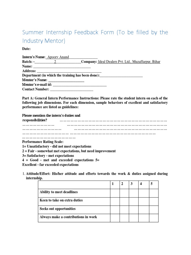 Summer Internship Feedback Form | PDF | Learning | Behavioural Sciences
