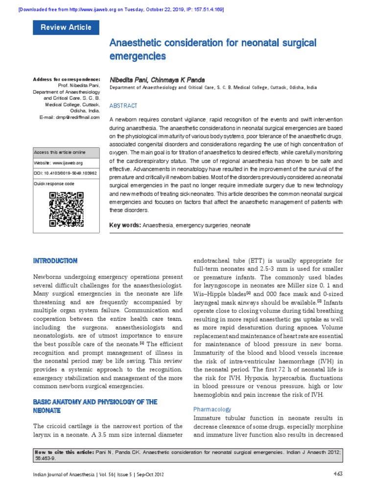 Anaesthetic Consideration For Neonatal Surgical Emergencies: Review ...
