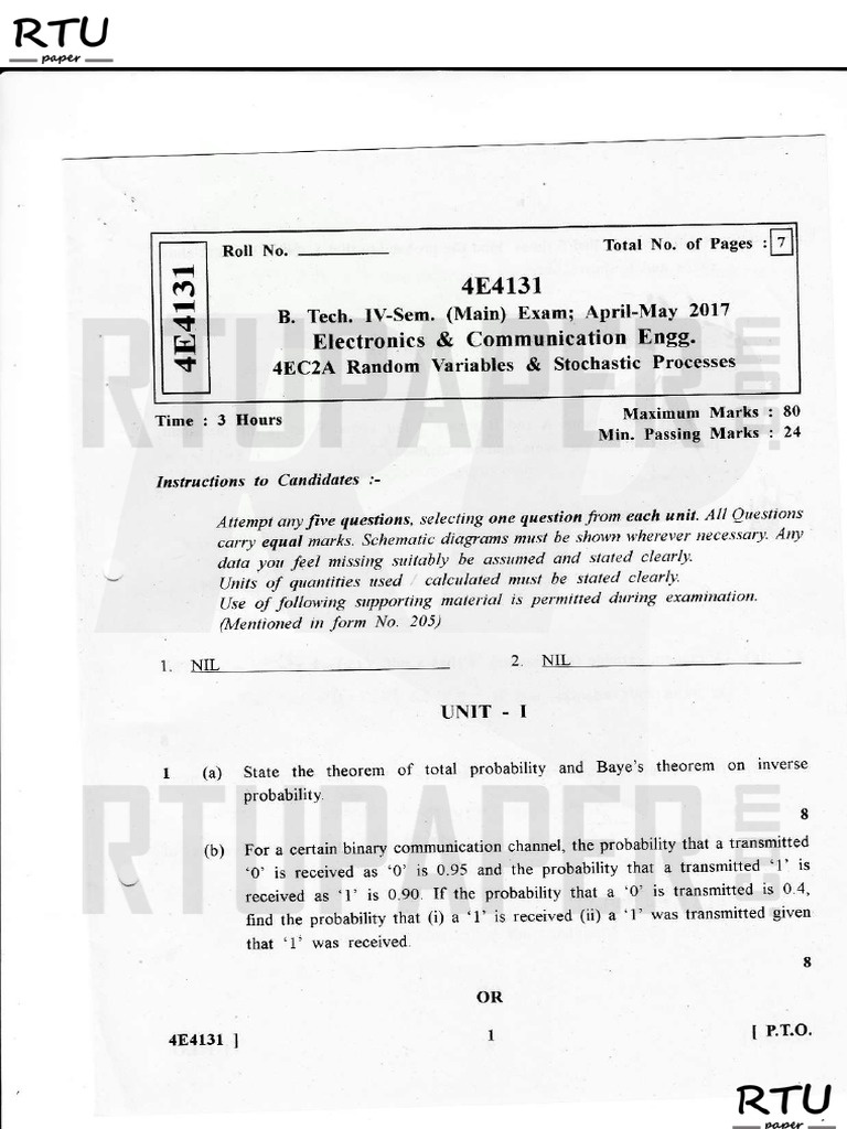 Random Variables & Stochastic Processes Exam | PDF | Probability Density Function | Probability ...