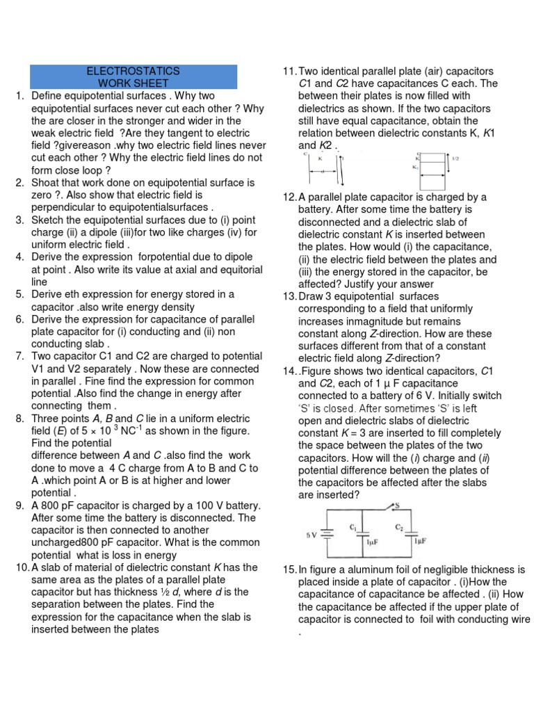 Electro Statics Worksheet Cbse | PDF | Capacitor | Electric Field