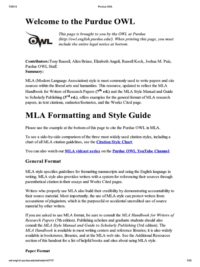 MLA Style Ref - OWL Purdue | PDF