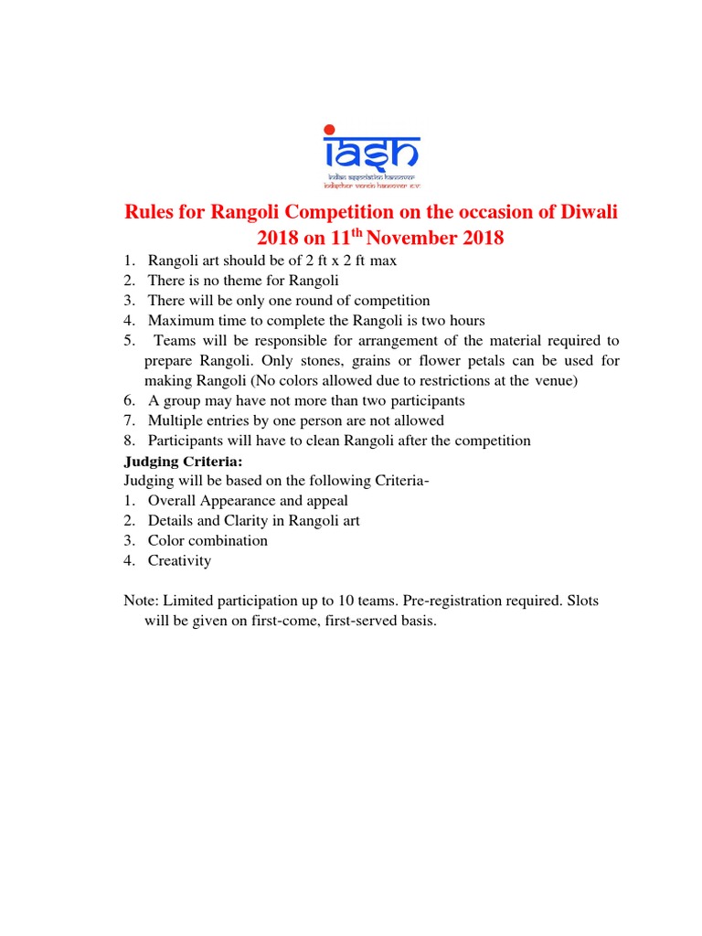 Rangoli Competition Rules for Diwali Festival 2018 | PDF