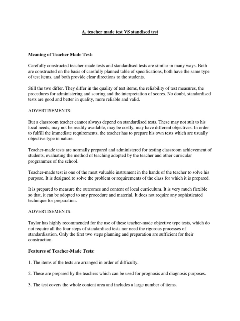 Teacher Made Test Vs Standardized Test Assessment | PDF | Standardized ...