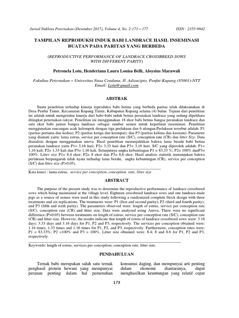 Tampilan Reproduksi Induk Babi Landrace Hasil Inseminasi Buatan Pada Paritas Yang Berbeda | PDF
