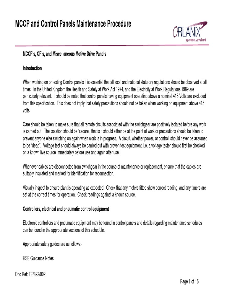 MCC and Panels Maintenance Procedure | PDF | Relay | Switch