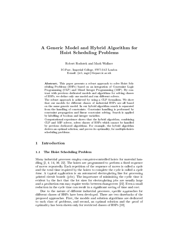 A Generic Model And Hybrid Algorithm For Hoist Scheduling Problems Pdf Mathematical