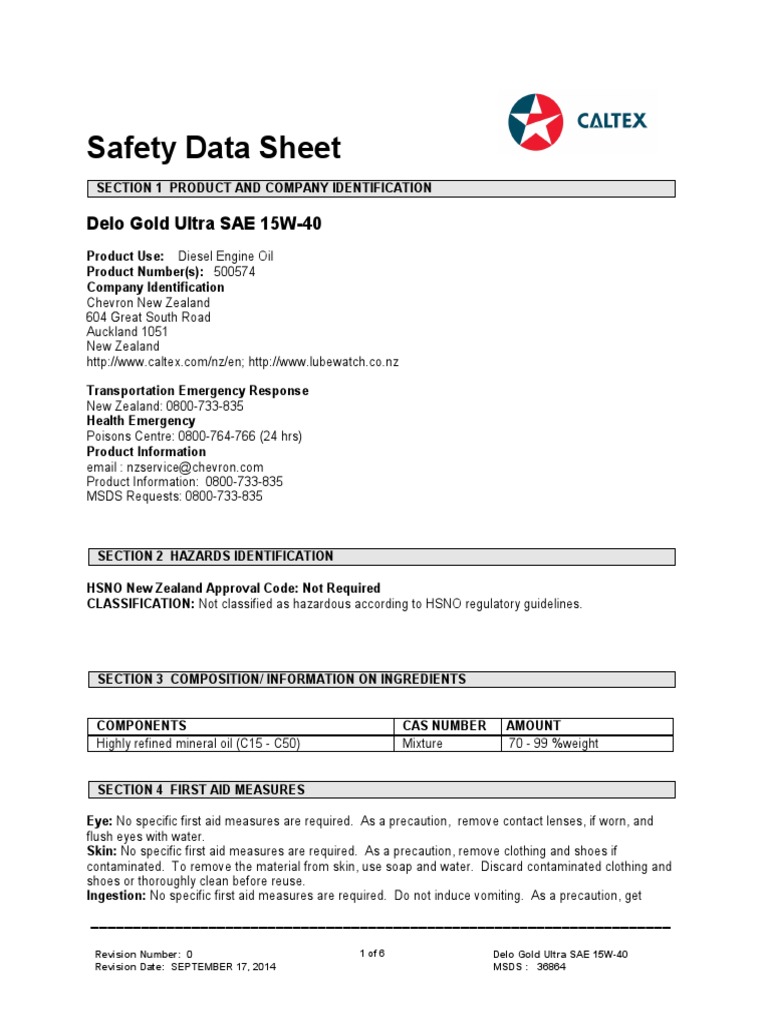Safety Data Sheet: Delo Gold Ultra SAE 15W-40 | PDF | Toxicity ...