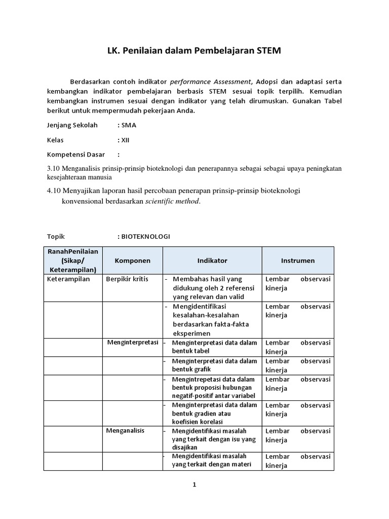 LK Penilaian Dalam Pembelajaran STEM | PDF
