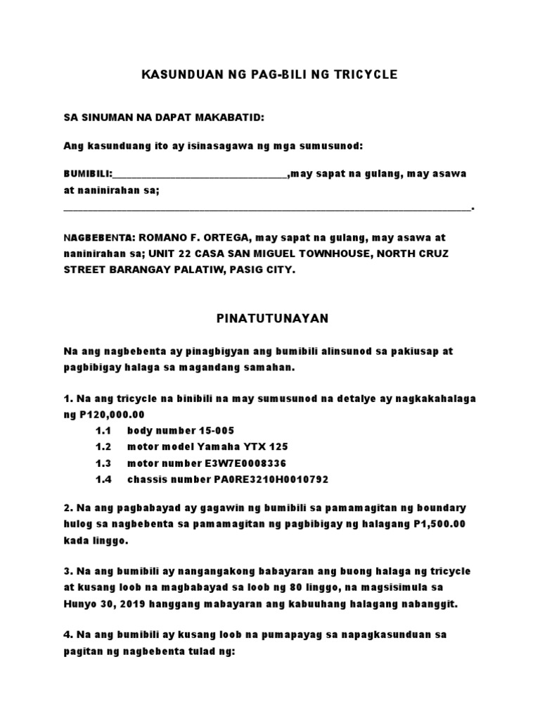 Kasulatan Sa Pagbenta NG Tricycle - Asd | PDF
