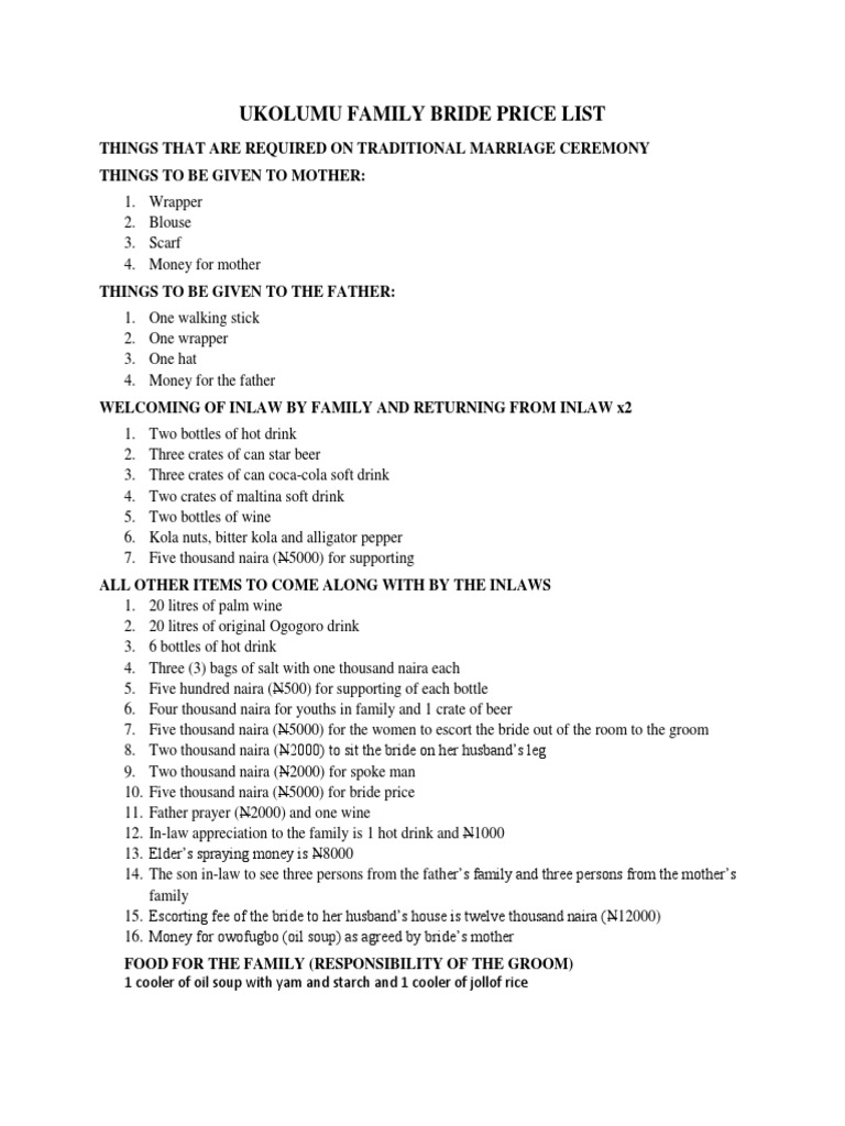 Family Bride Price List | PDF | Home & Garden | Religion & Spirituality