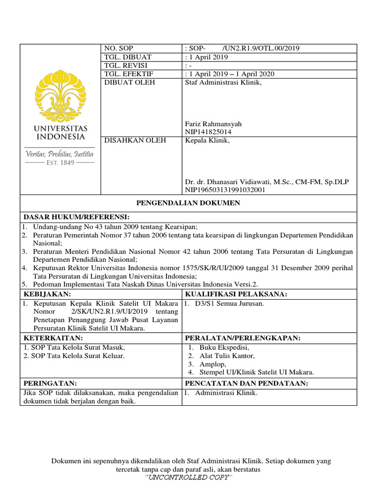 Standar Operasional Prosedur (SOP) Pengendalian Dokumen | PDF
