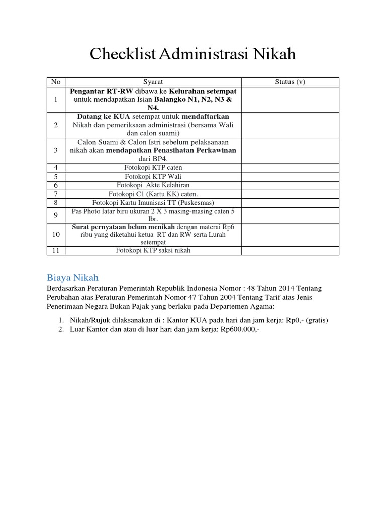 Checklist Administrasi Nikah | PDF