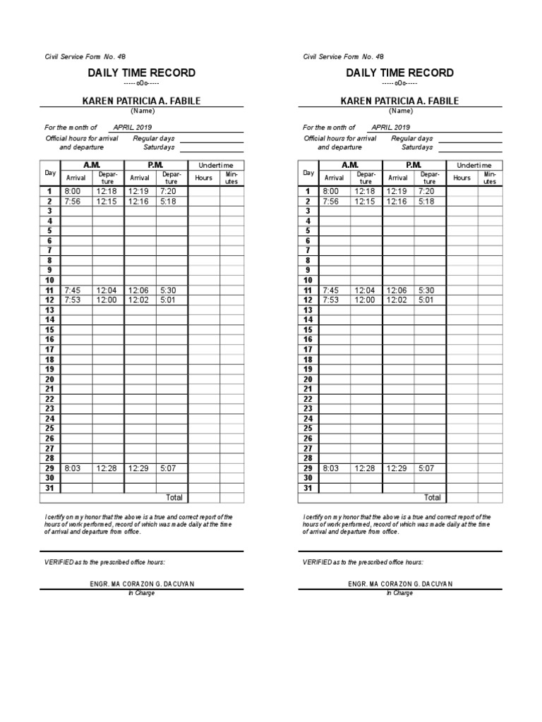 Daily Time Record for April & May 2019 | PDF | Teaching Mathematics