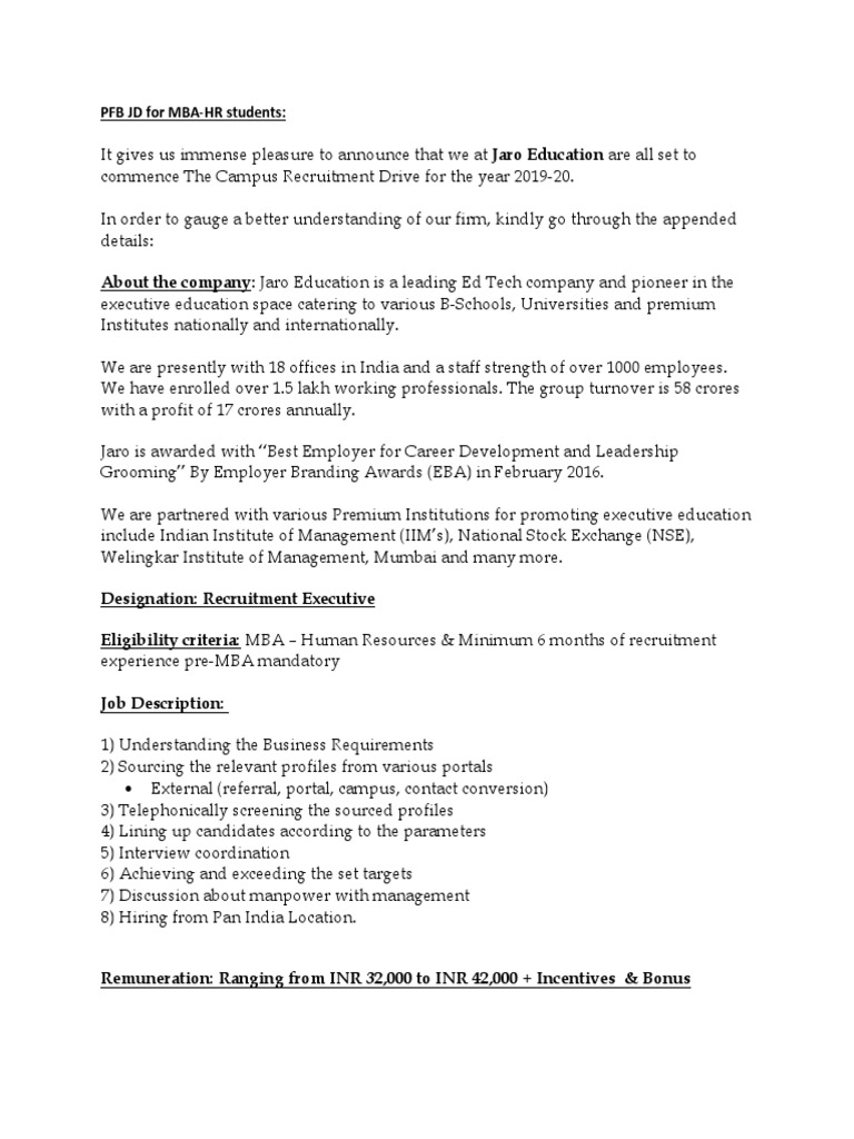 PFB JD For MBA-HR Students | PDF