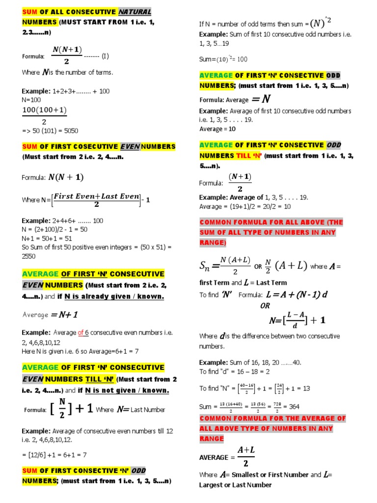 Formula: Average: of First N' Consecutive Numbers (If N Is Already ...