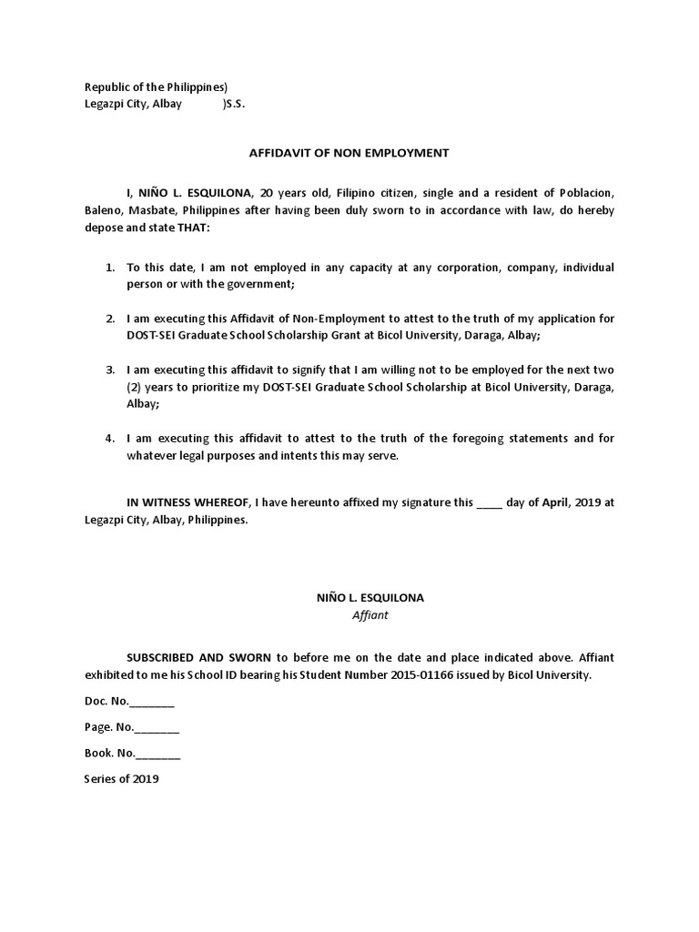 Affidavit Non Employment Scholarship Grant | PDF