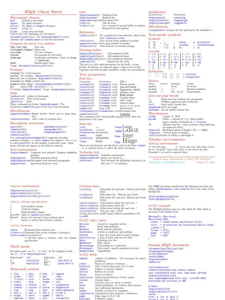 L TEX Cheat Sheet: Document Classes | Download Free PDF | Text | Typography