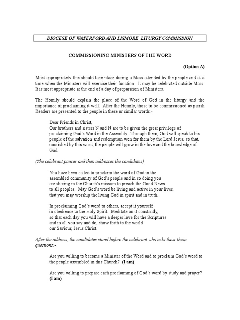 Commissioning Services For Ministers of The Word and Ministers of The ...