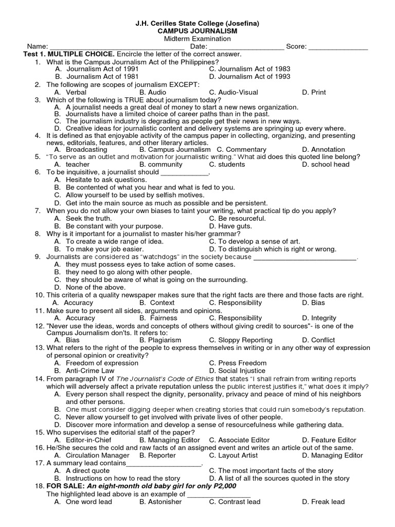 Campus Journalism Midterm Exam Guide | PDF | Journalism | News