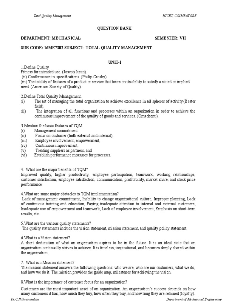 TQM Questions With Answers | PDF | Quality Management | Quality Assurance