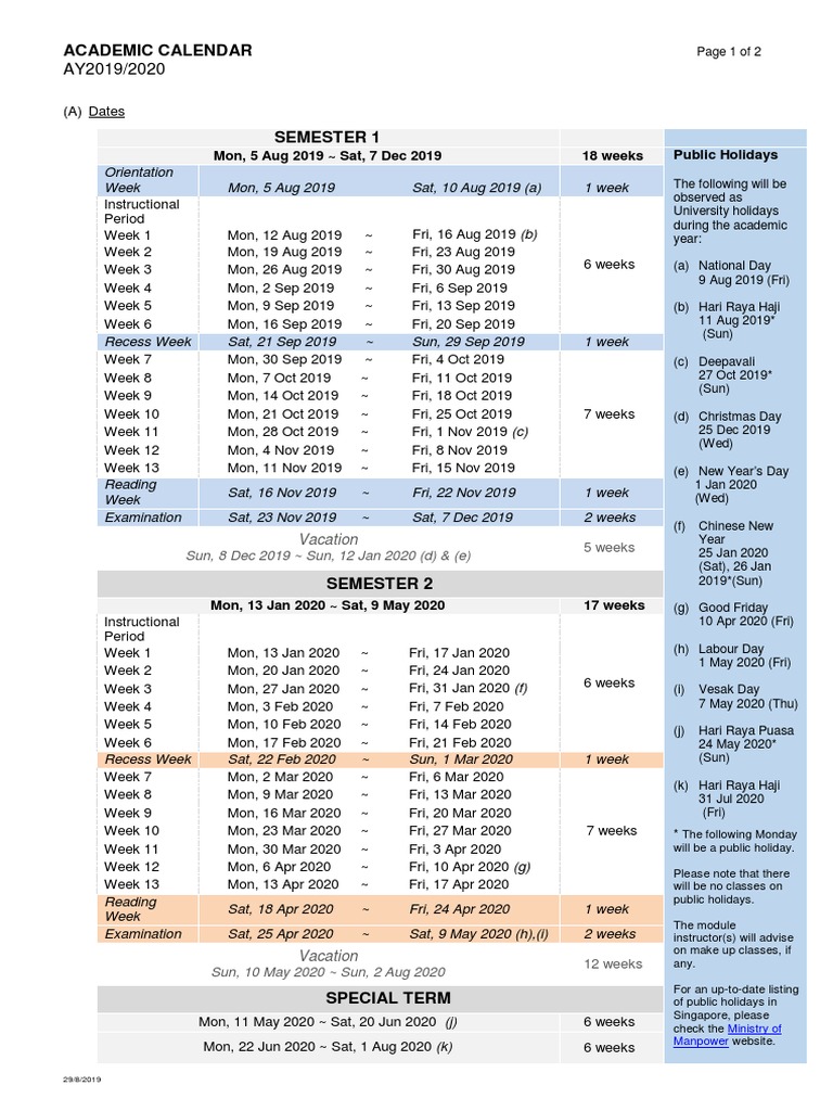 Nus Academic Calendar AY2019 2020 PDF Academic Term Behavior Modification