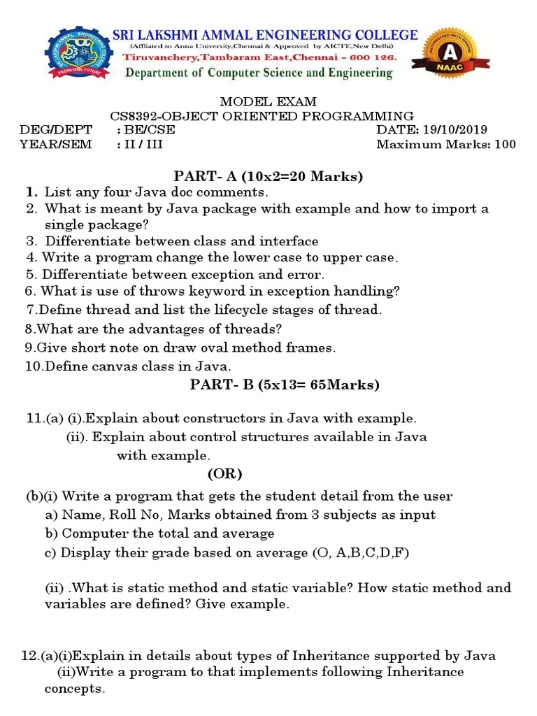 PART-A (10x2 20 Marks) 1. List Any Four Java Doc Comments | PDF | Class (Computer Programming ...