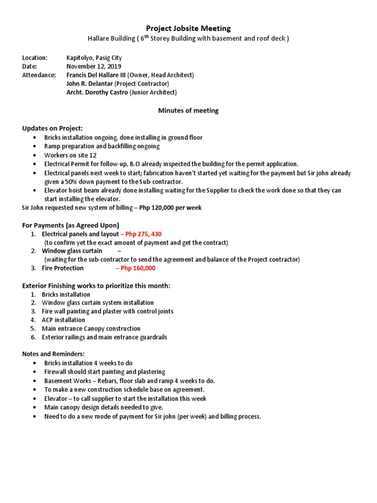 Project Jobsite Meeting Minutes Hallare Building | PDF | Elevator | Window
