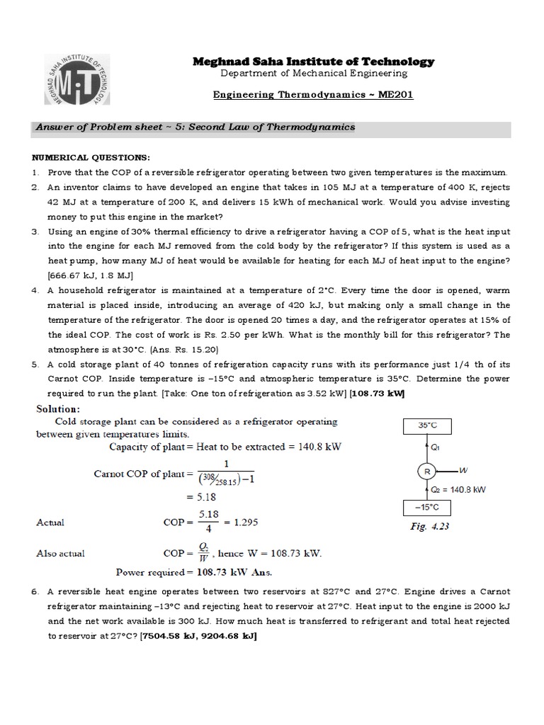 Answer Problem Sheet-05 Me201 2nd Law | PDF | Heat | Temperature