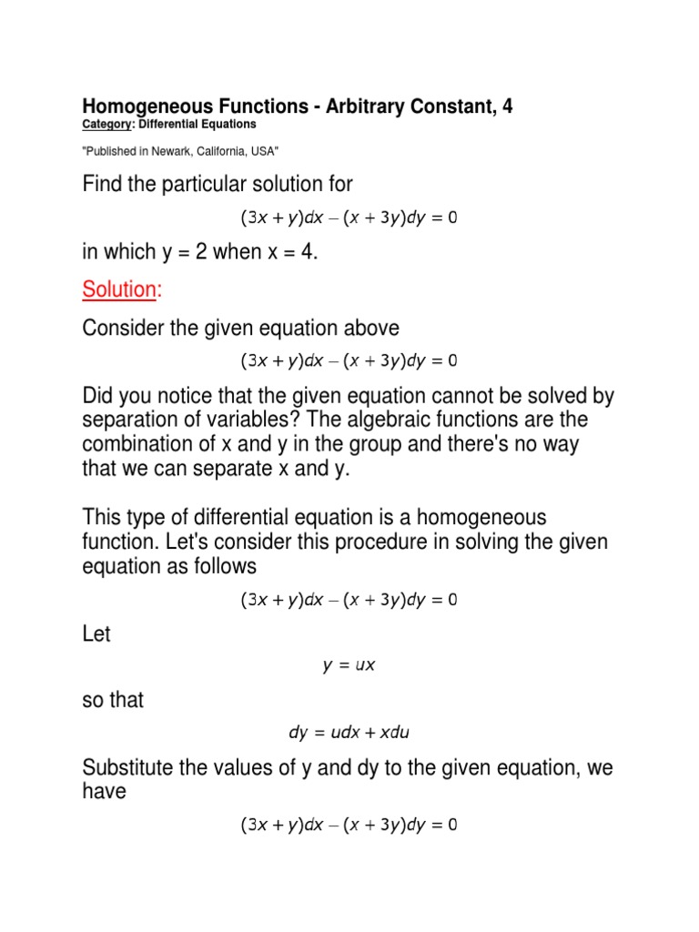 Homogeneous Functions | PDF | Ordinary Differential Equation | Equations