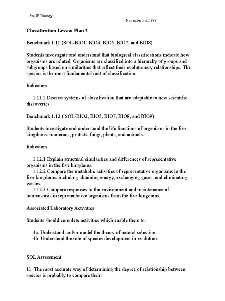 Classification Lesson Plan 2 | PDF | Organisms | Taxonomy (Biology)