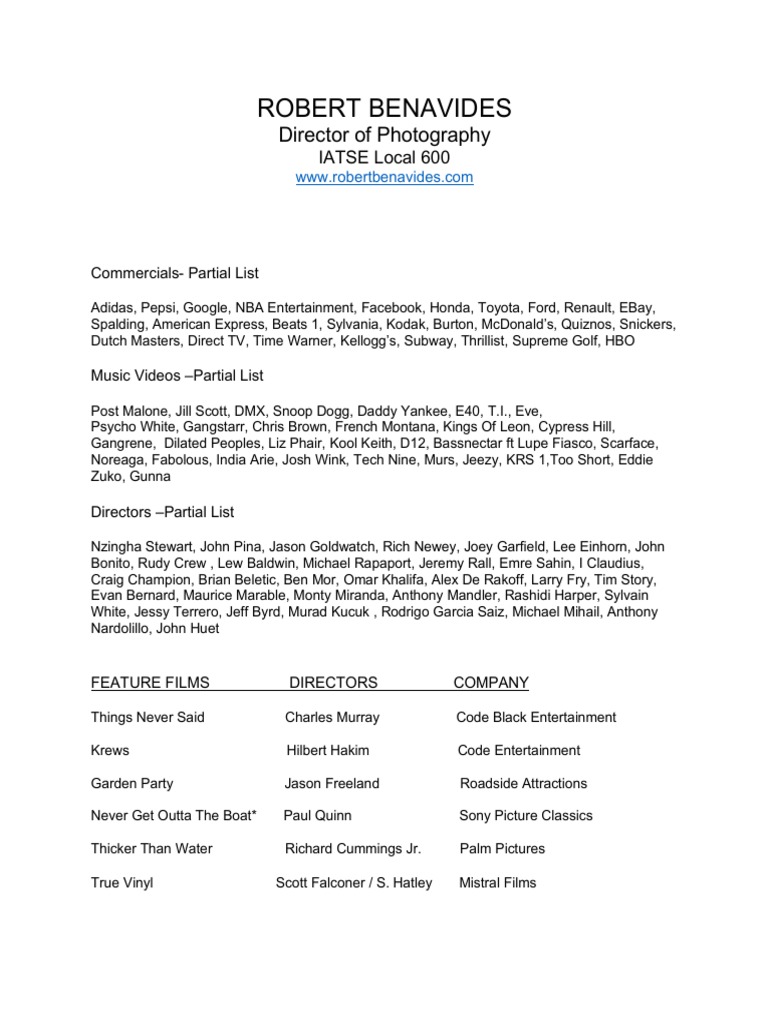 Robert Benavides: Director of Photography | PDF