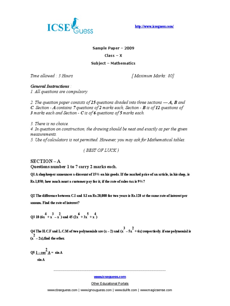 ICSE Class X Mathematics Sample Paper | PDF | Area | Debits And Credits