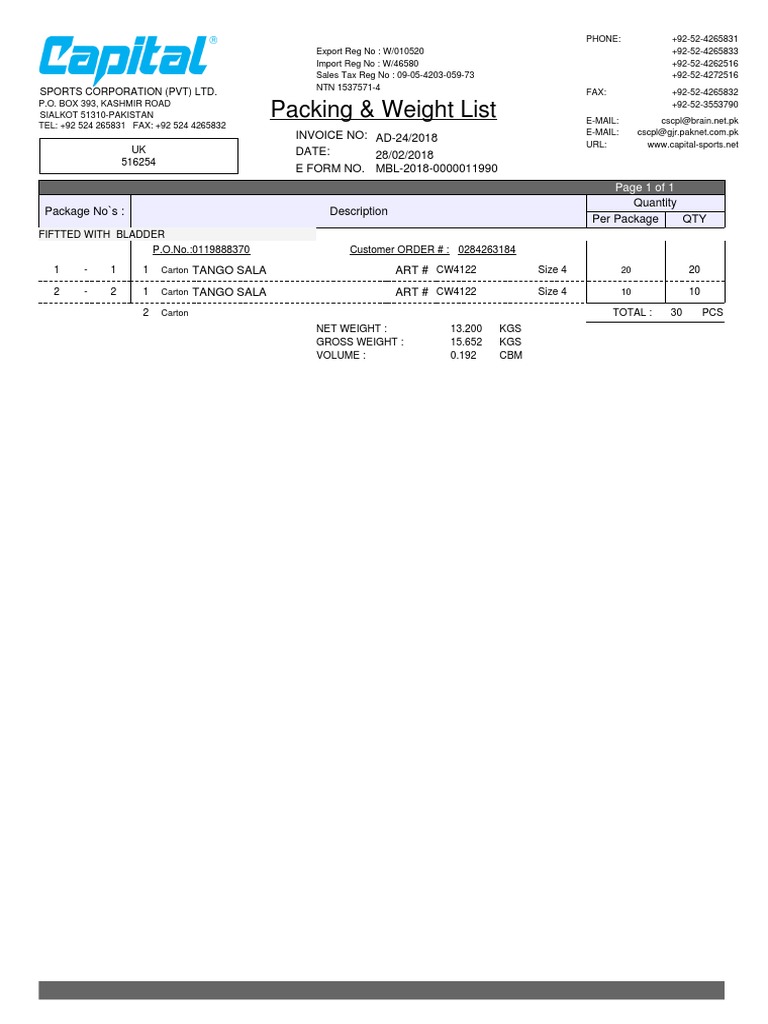 Packing & Weight List: Invoice No: Date: MBL-2018-0000011990 E Form No ...