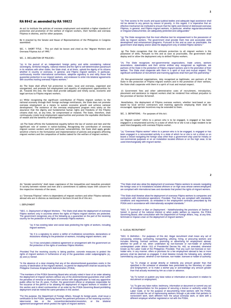 RA 8042 Amended by 10022 | PDF | Migrant Worker | Employment