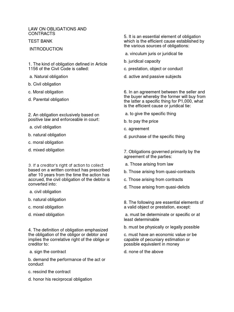 Obligations and Contracts Test Bank | PDF | Law Of Obligations | Guarantee