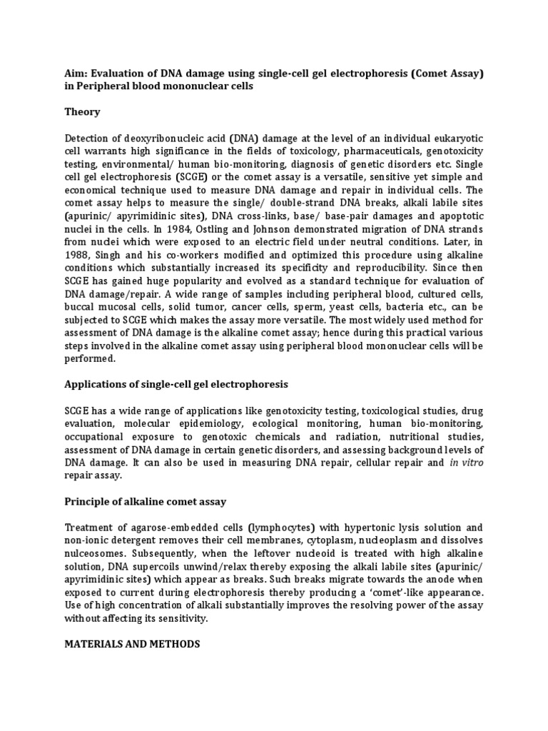 Aim: Evaluation of DNA Damage Using Single-Cell Gel Electrophoresis ...