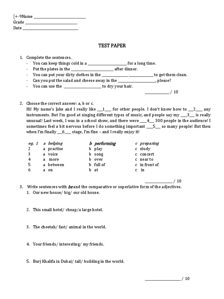 6th Grade Test Paper | PDF