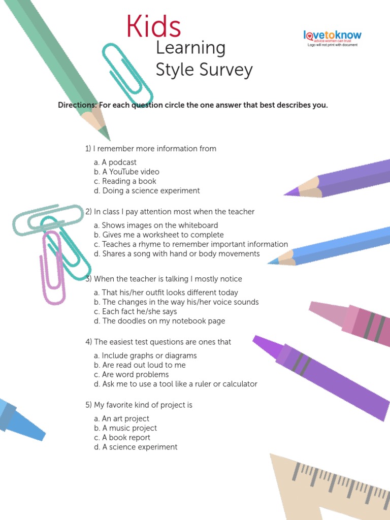 3923 Kids Learning Style Survey | Download Free PDF | Behavior ...