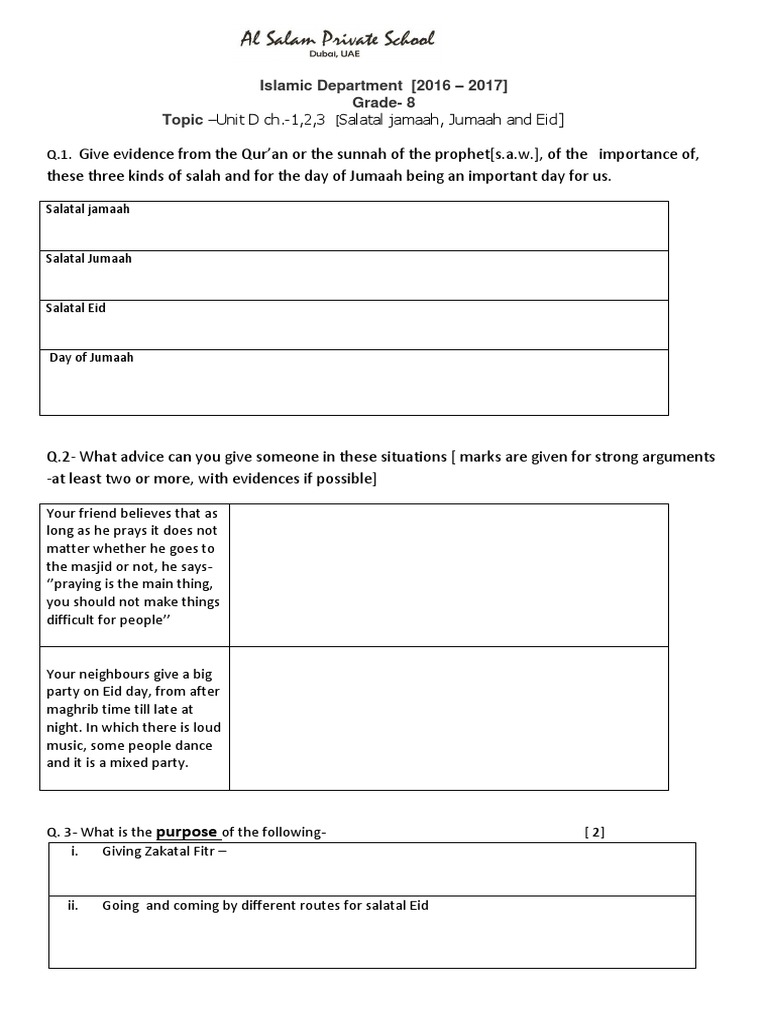 Islamic - Salaat Ul Jumu'ah and Eid Practice Worksheet | PDF ...