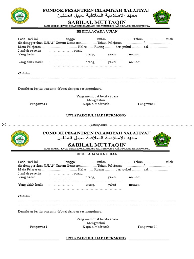 Berita Acara Ujian Wustha | PDF