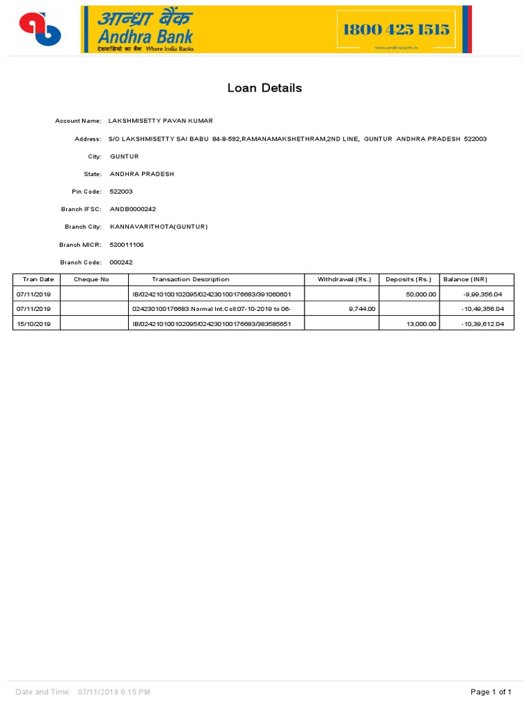 Loan Details: Statement of Account 024230100176683 For The Last ...